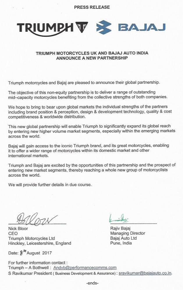 Bajaj Triumph Partnership official letter Bajaj Triumph Partnership official letter