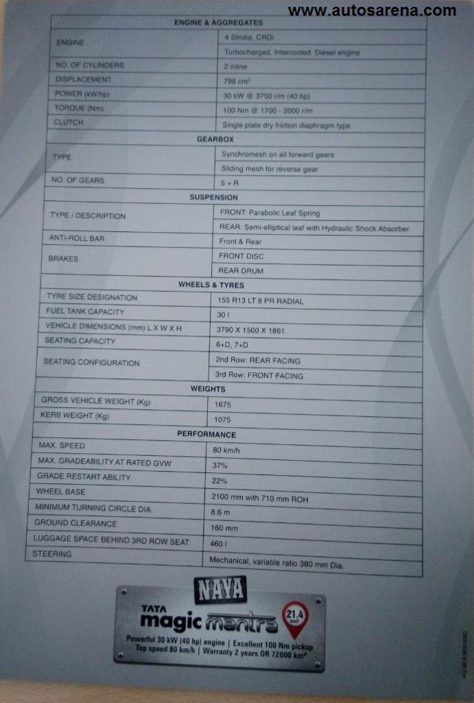 Tata Magic Mantra launched in India, Brochure inside